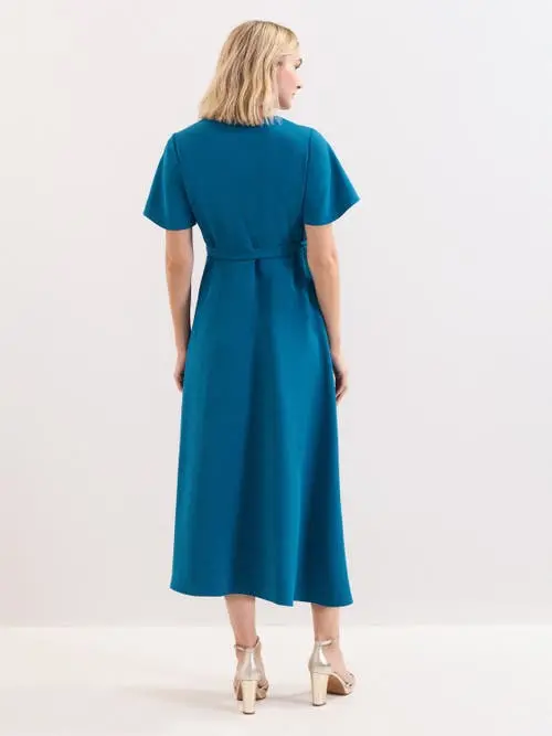 PHASE EIGHT Julissa Wrap Midi Dress With Flutter Sleeves And Cascading Ruffle - Blue