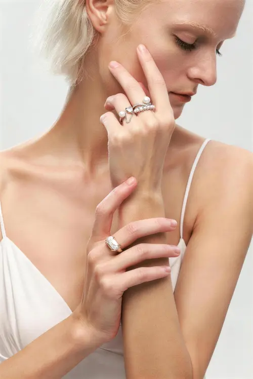 CLASSICHARMS Freshwater Pearl And Cubic Zirconia Stackable Ring Set