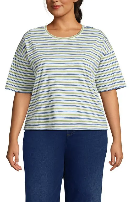 LANDS' END Short Sleeve Slub Jersey Eyelet T-shirt - Bright Pistachio/teal Stripe
