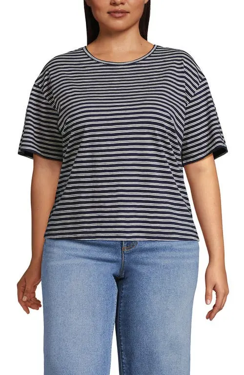 LANDS' END Short Sleeve Slub Jersey Eyelet T-shirt - Faded Navy/ivory Latte Stripe
