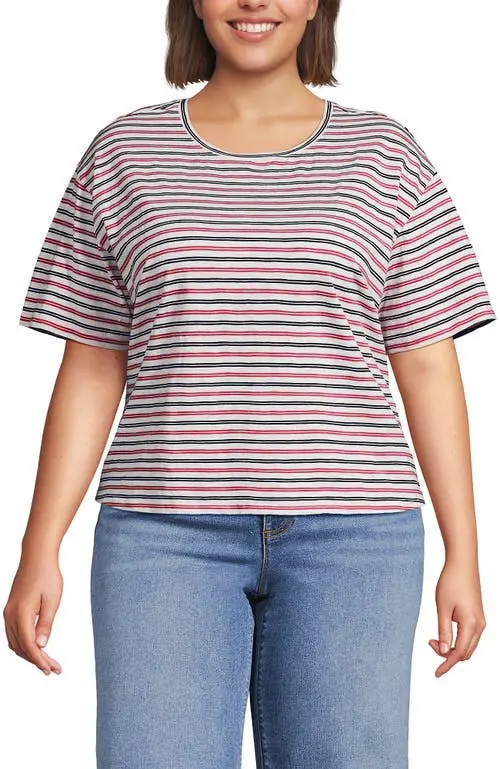 LANDS' END Short Sleeve Slub Jersey Cutwork T-shirt - Faded Navy/soft Mojave Stripe
