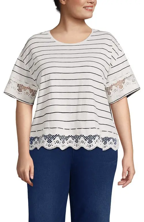 LANDS' END Short Sleeve Slub Jersey Cutwork T-shirt - Ivory/black Fine Stripe