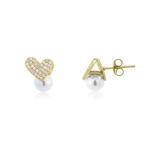 THE LOVERY FINE JEWELRY Pearl And Cubic Zirconia Heart Stud Earrings - Goldlated Sterling Silver
