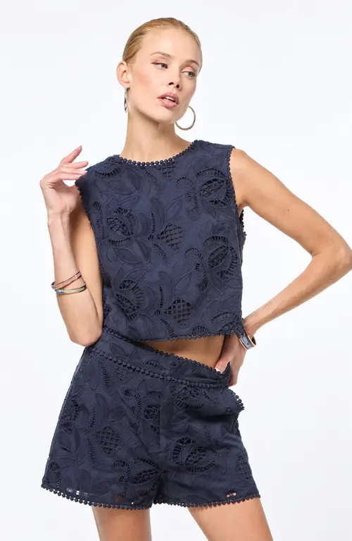 BTB LOS ANGELES Floral Print Lace Trim Tank Top - Navy