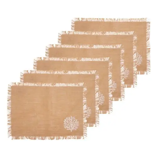 C&F HOME Natural 100% Burlap Fringed Set Of 6 Placemats 14" X 20" - Beige