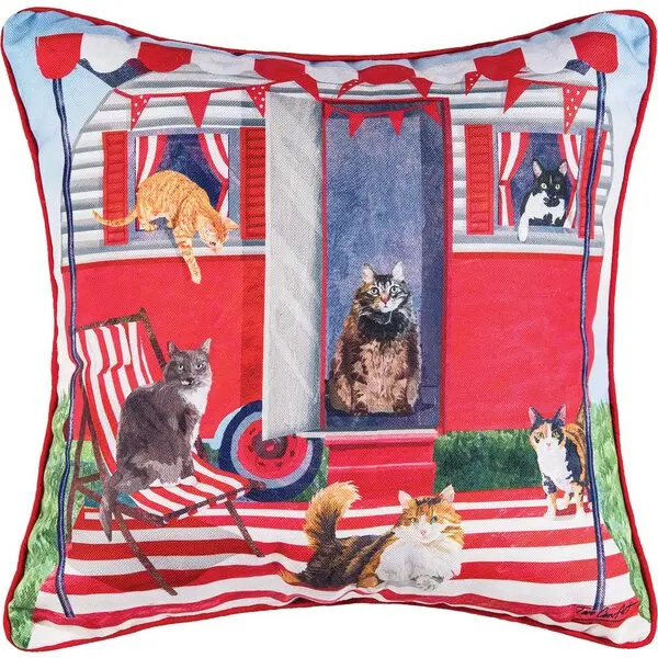 C&F HOME Cat Caravan Cotton Blend Hd Printed Accent Throw Pillow 18" X 18 - Red