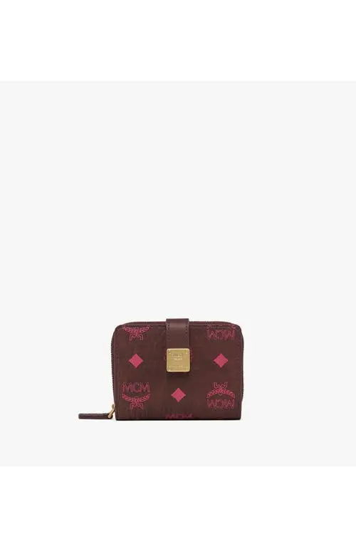 Mcm Aren Brass Plate Wallet In Visetos - Cinnamon