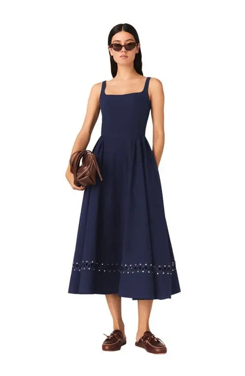 Maje Fit & Flare Embroidered Midi Dress - Navy