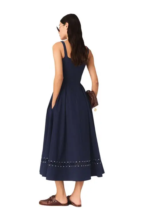 Maje Fit & Flare Embroidered Midi Dress - Navy