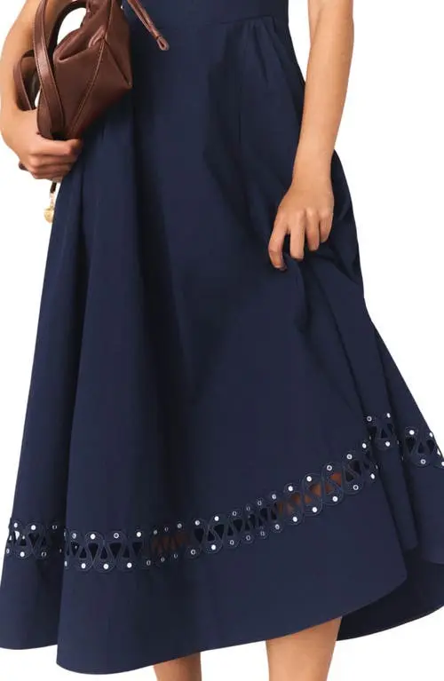 Maje Fit & Flare Embroidered Midi Dress - Navy