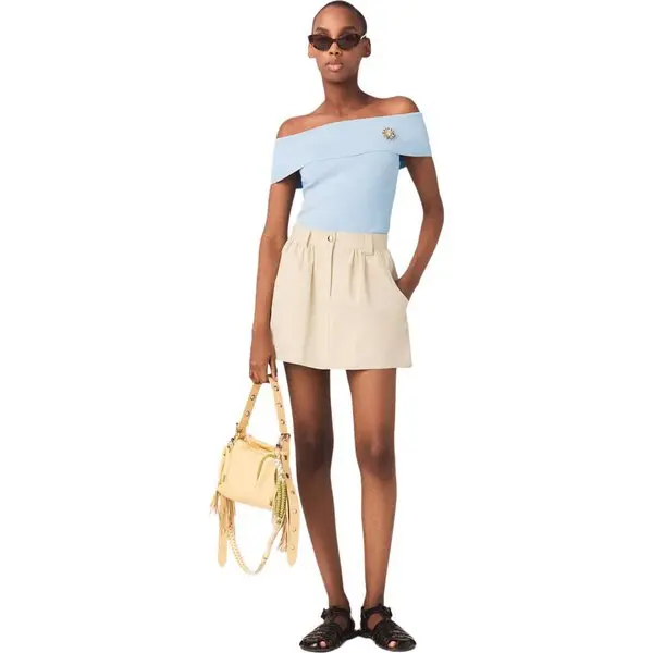 Maje Cotton Skort With Gathers And Jewellery Button Detail - Ecru