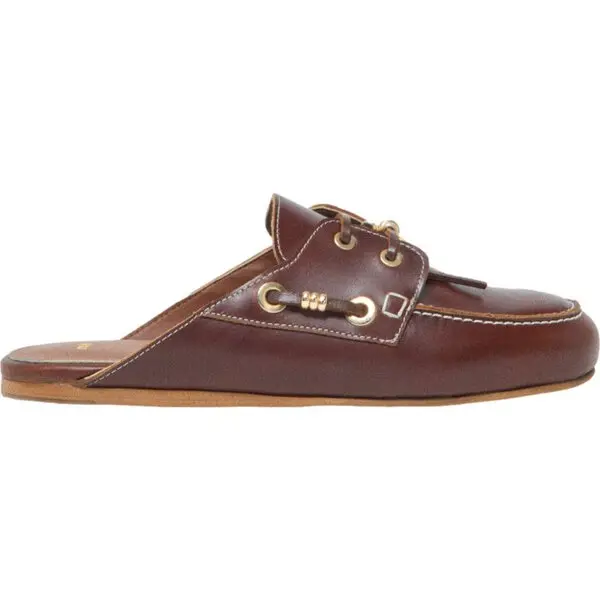 Maje Leather Boat Mules With Gold Heart Charm - Cognac Brown