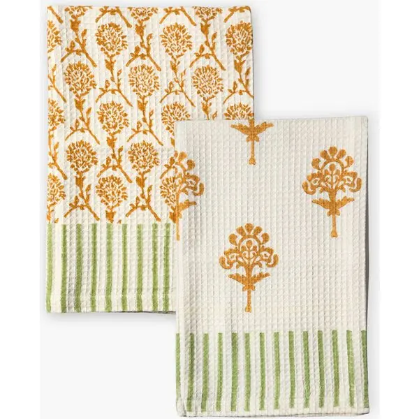 BANYAN & BIRCH Nikhar Harmony Cotton Waffle Kitchen Towelsmixed Set Of 2 - Multi-color