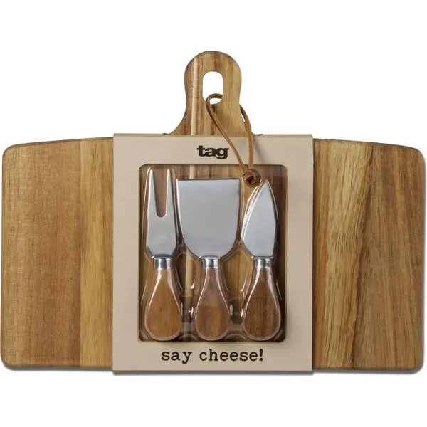 TAG Long Acacia Wood Cheese Board Set With Stainless Steel Utensils - Beige