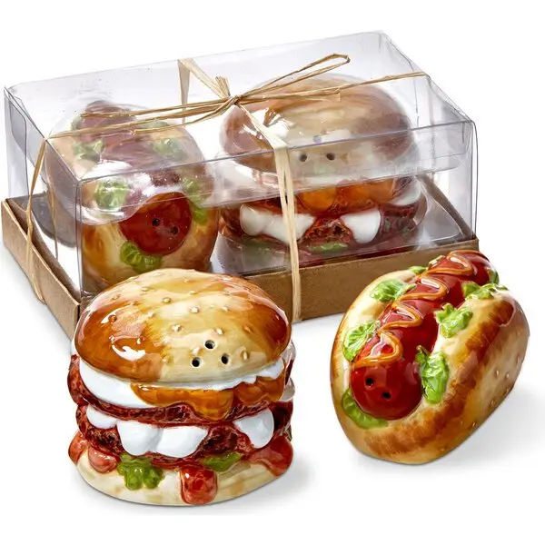 TAG Multicolor Ceramic Burger Hot Dog Salt Pepper Shakers Set - Multicolored