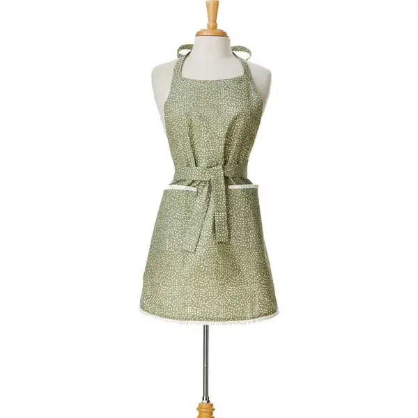 TAG Distressed Geometric Print Apron Olive Cotton Everyday - Green