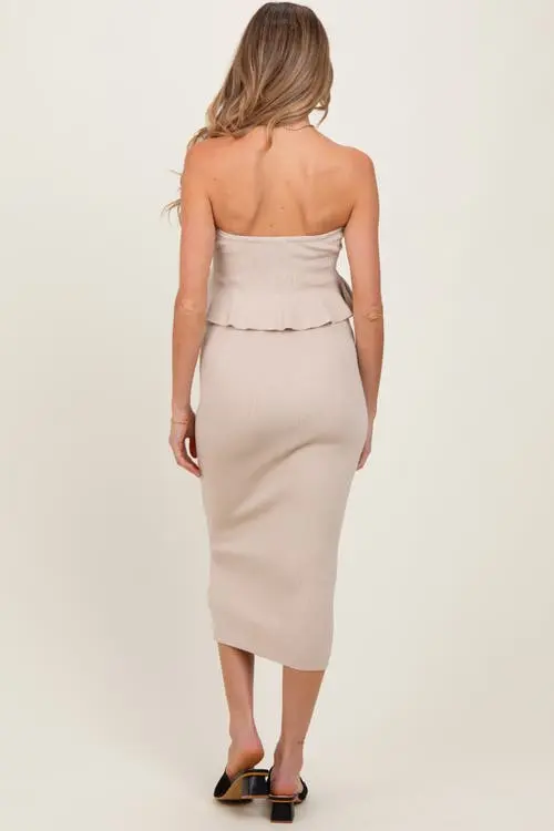 PINKBLUSH Strapless Ribbed Knit Peplum Top And Midi Skirt Maternity Set