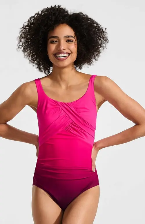 LANDS' END One Piece Swimsuit With Shirring And Crisscross Straps - Riviera Rose Ombre