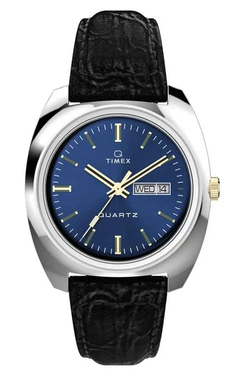 Timex® Q Timex Day/date Leather Strap Watch - Black