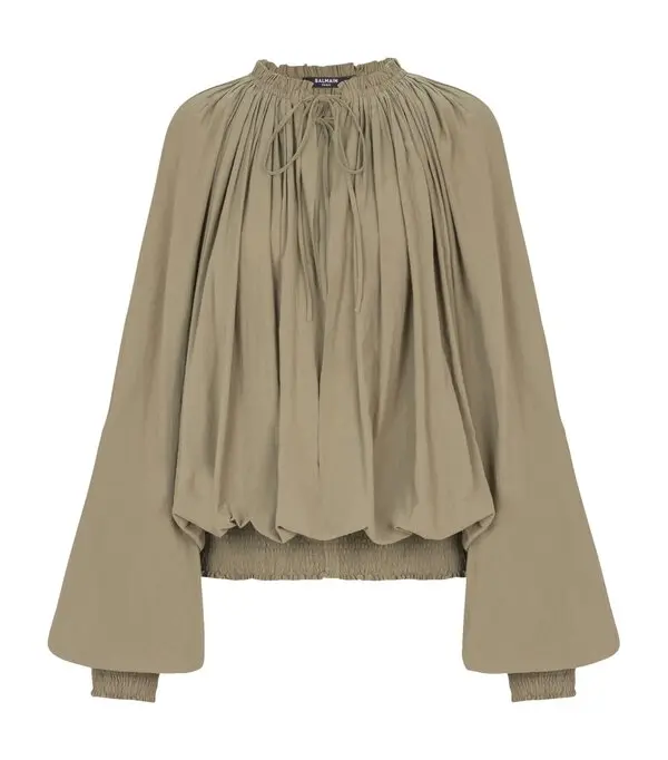 Balmain Cotton Peasant Blouse With Tie Neck