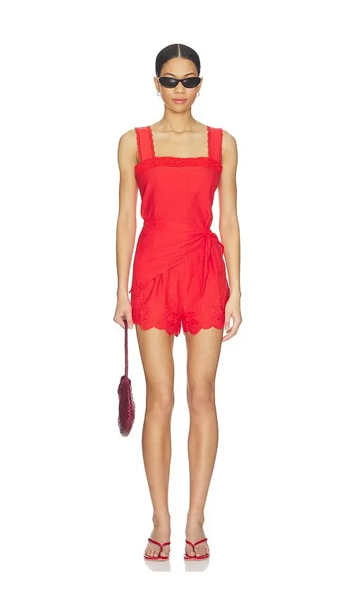 Line & Dot Eyelet Romper - Red