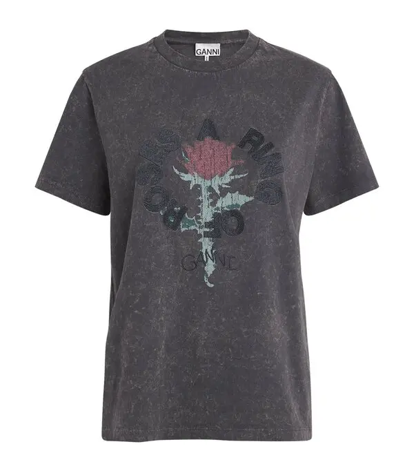 GANNI Embroidered Cotton T-shirt - Grey
