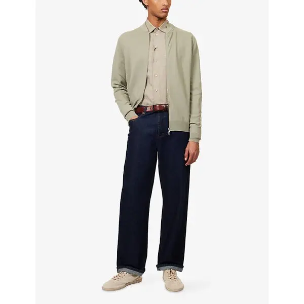 John Smedley Textured Crewneck Wool Zip-up Cardigan - Thistle Dew