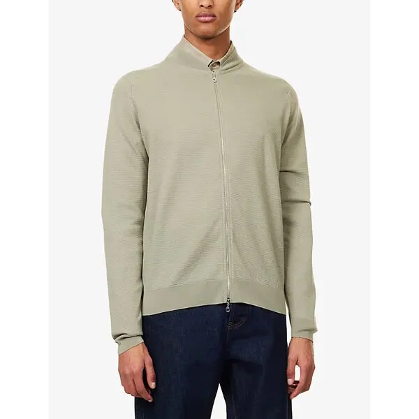 John Smedley Textured Crewneck Wool Zip-up Cardigan - Thistle Dew