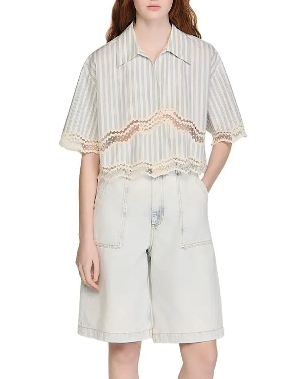 Sandro Cropped Striped Cotton Shirt With Lace Detail - Ecru Bleu