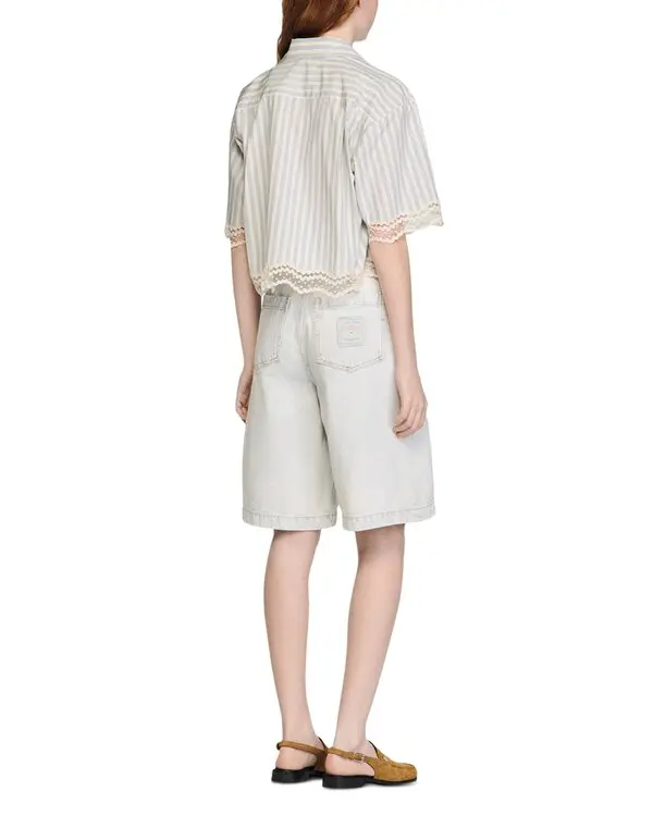 Sandro Cropped Striped Cotton Shirt With Lace Detail - Ecru Bleu