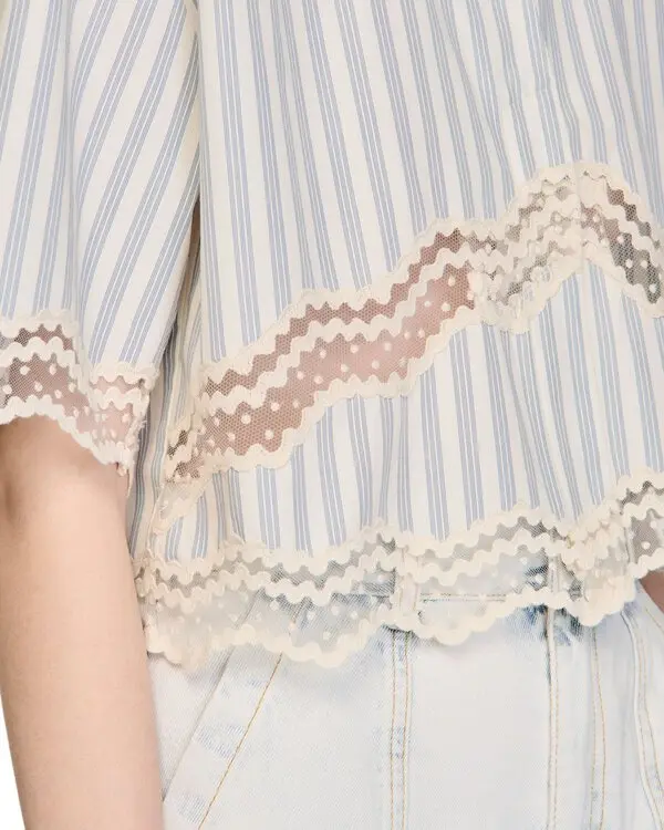 Sandro Cropped Striped Cotton Shirt With Lace Detail - Ecru Bleu