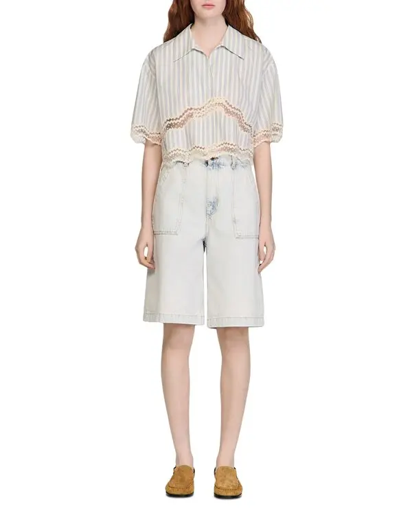 Sandro Cropped Striped Cotton Shirt With Lace Detail - Ecru Bleu
