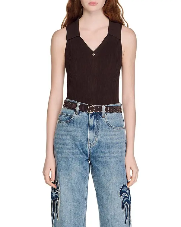 Sandro Ribbed Knit Polo Bodysuit - Brown