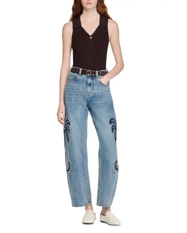 Sandro Ribbed Knit Polo Bodysuit