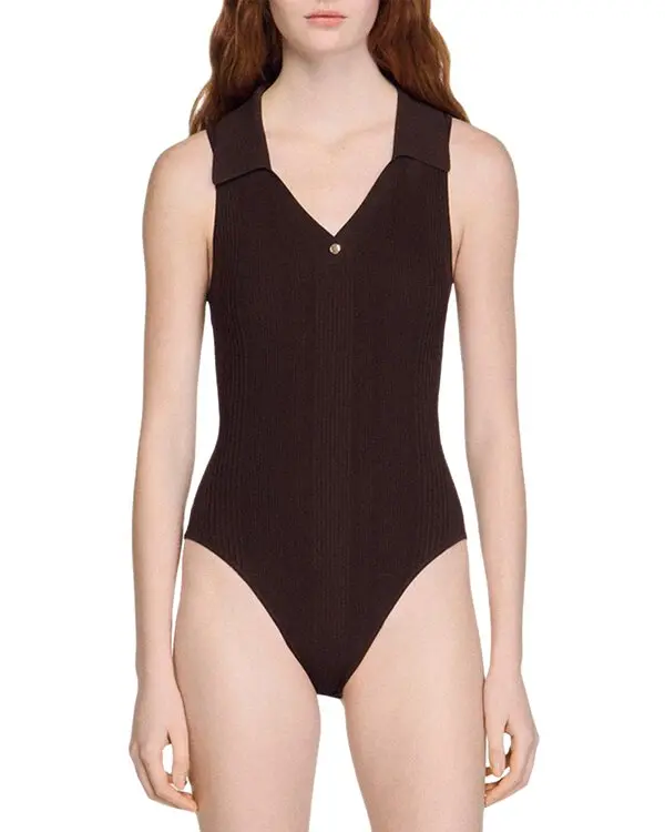 Sandro Ribbed Knit Polo Bodysuit