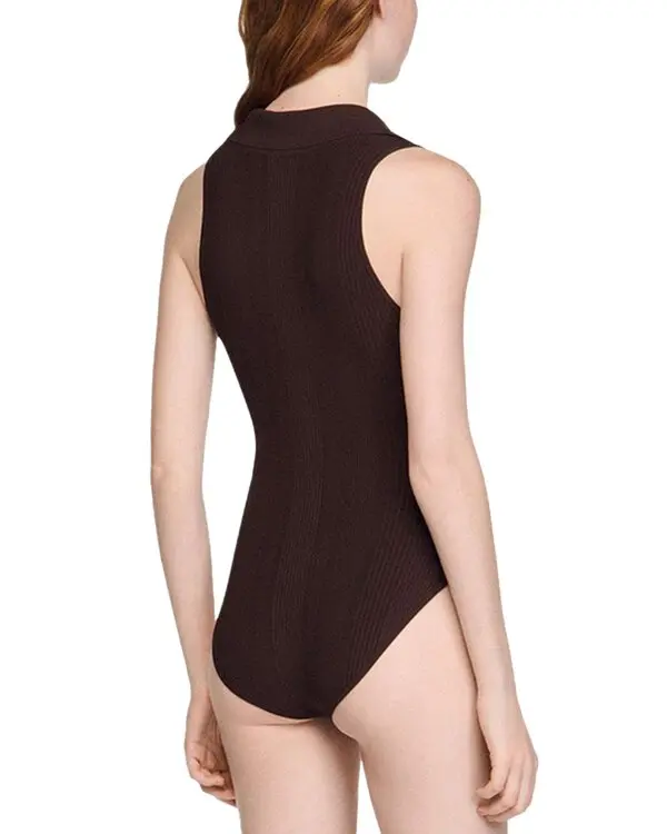 Sandro Ribbed Knit Polo Bodysuit