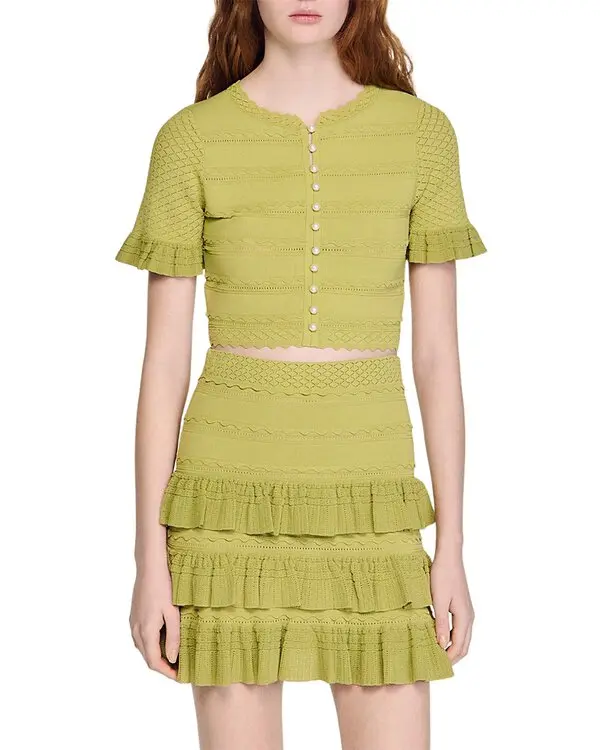 Sandro Cropped Ruffled Sleeve Cardigan - Green