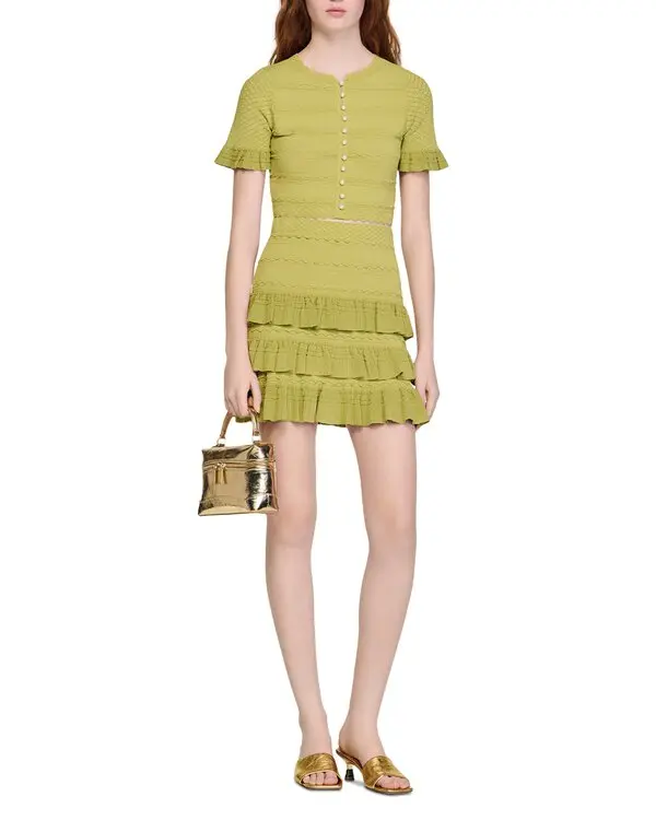 Sandro Cropped Ruffled Sleeve Cardigan - Green