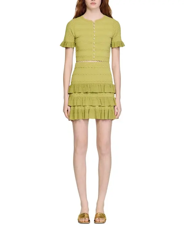 Sandro Cropped Ruffled Sleeve Cardigan - Green