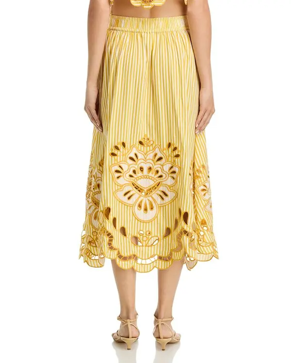 Farm Rio Striped Embroidered Midi Skirt