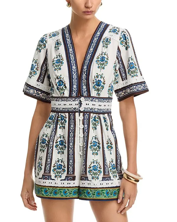 Farm Rio Floral Print Button-front Romper - Manoela Off-white