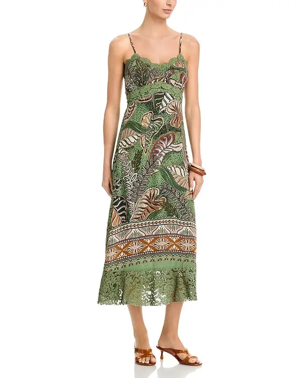 Farm Rio Foliage Print Lace Trim Midi Dress - Dotted