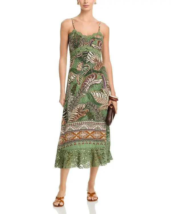 Farm Rio Foliage Print Lace Trim Midi Dress