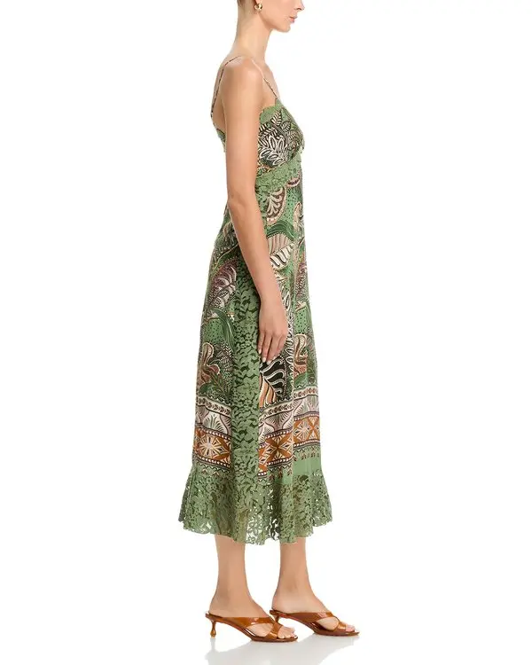 Farm Rio Foliage Print Lace Trim Midi Dress