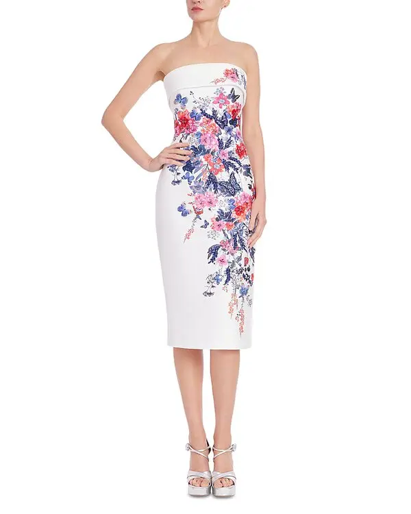 Badgley Mischka Appliqued & Embroidered Strapless Midi Dress