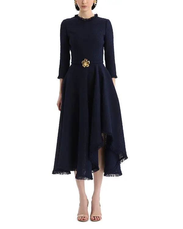 Oscar De La Renta Asymmetrical Hem Slubby Tweed Midi Dress