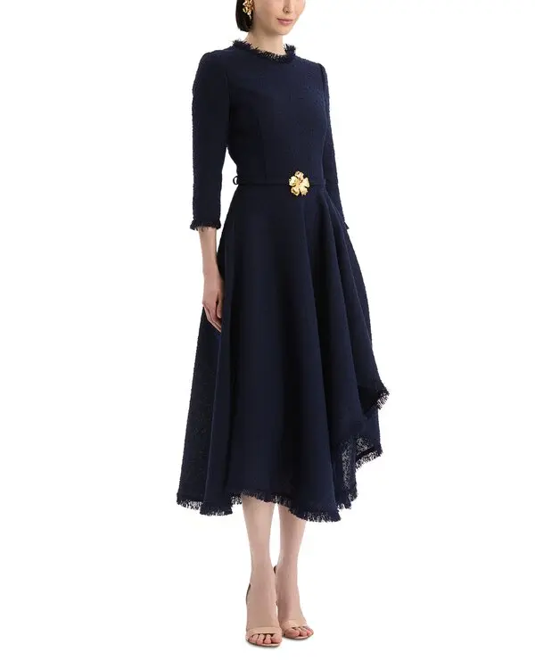 Oscar De La Renta Asymmetrical Hem Slubby Tweed Midi Dress