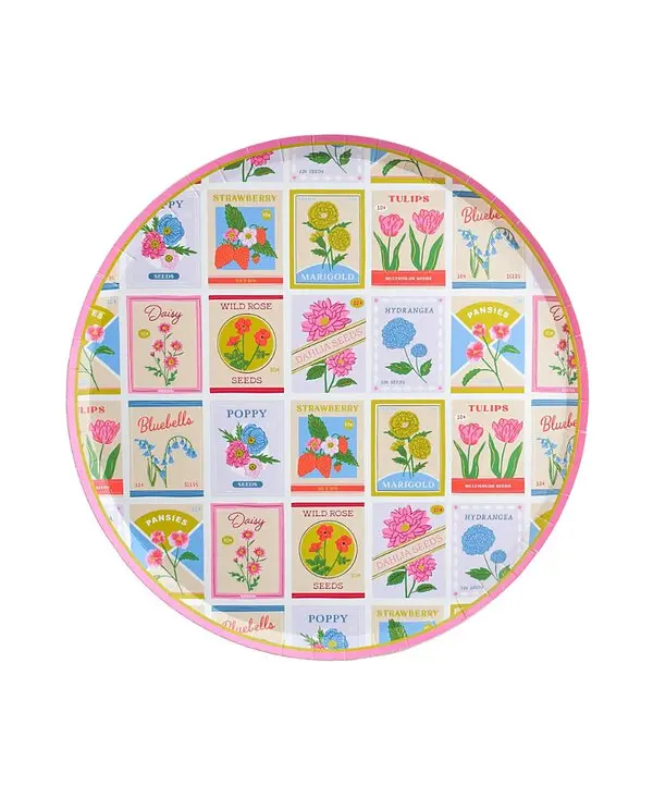 JOLLITY & CO In Bloom Seed Packet Paper Plates Choose From 2 Set Of 8 - Dinner Plates (pink Rim)