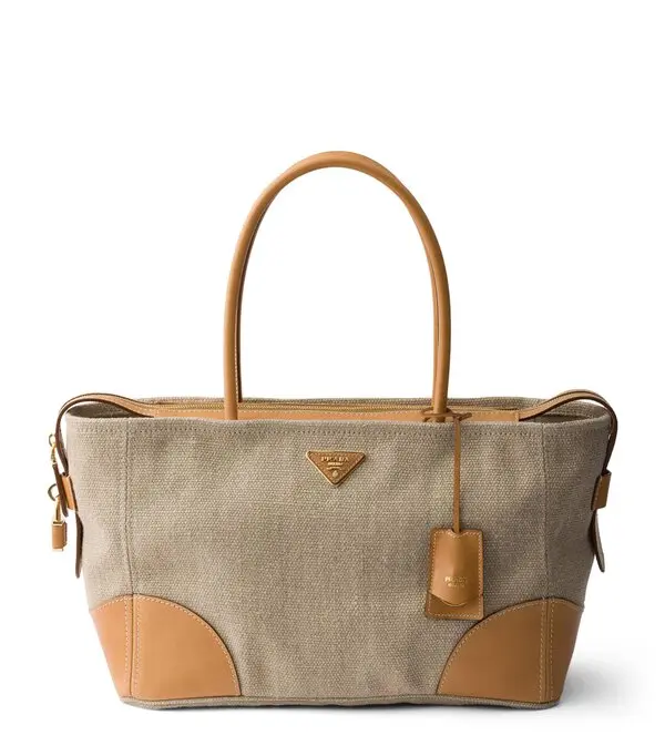 Prada Large Linen And Leather Tote Bag - Neutral