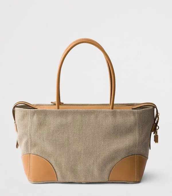 Prada Large Linen And Leather Tote Bag - Neutral